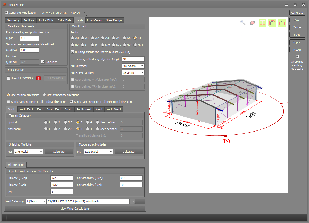 Portal frame loads for AS/NZS1170.2